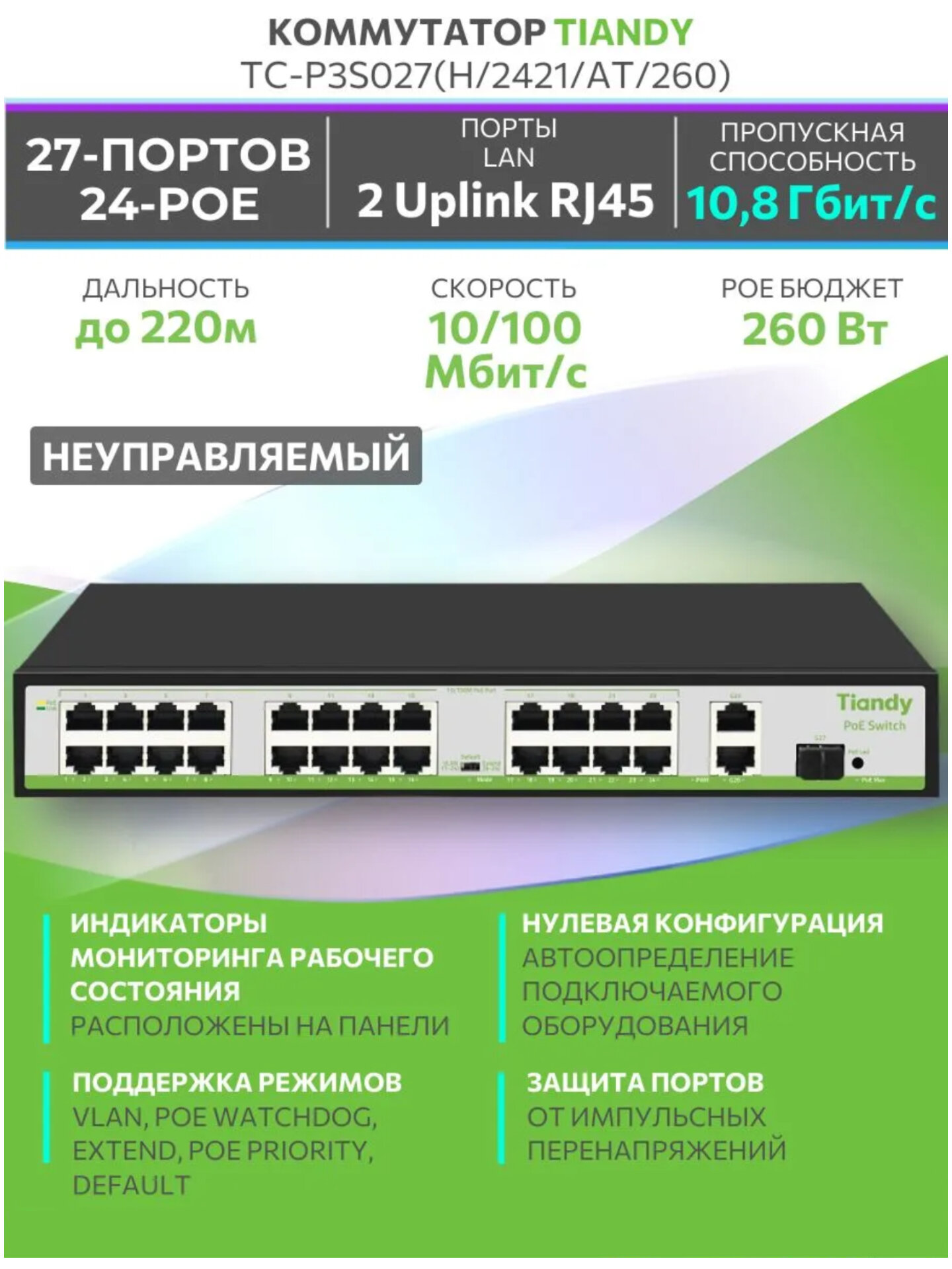 Коммутатор Tiandy TC-P3S027, 24 порта, 1 Гбит/с, для промышленных сетей