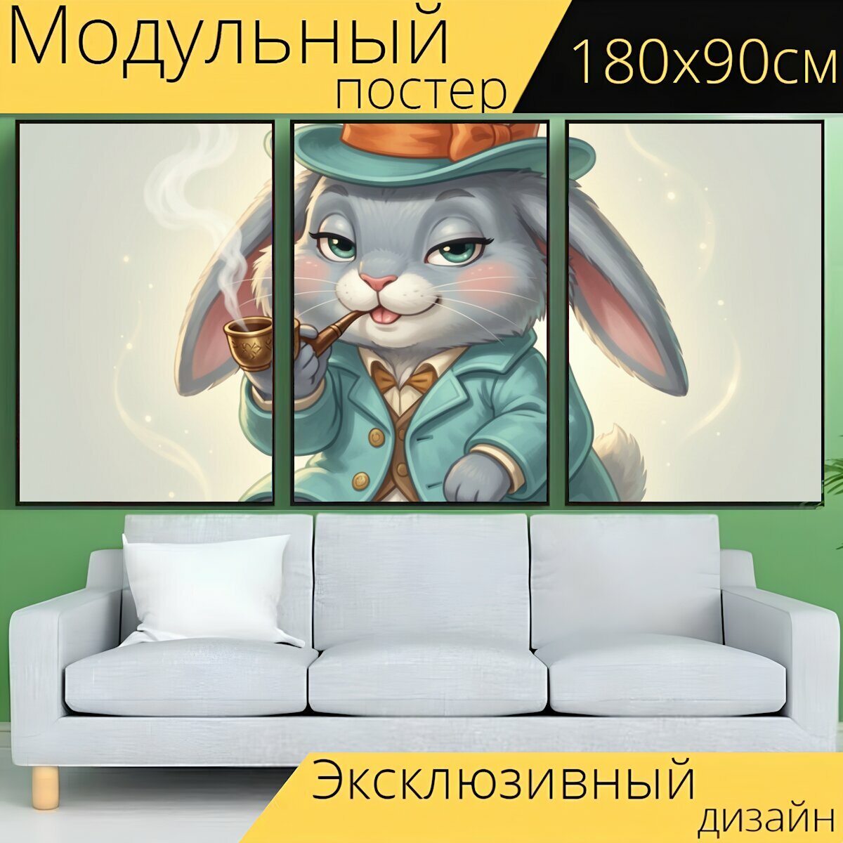 Модульный постер "Заяц в цилиндре с трубкой. Очаровательный мультяшный кролик в бирюзовом фраке и шляпе с пером, с дымящейся трубкой." 180 x 90 см. для интерьера на стену в тубусе