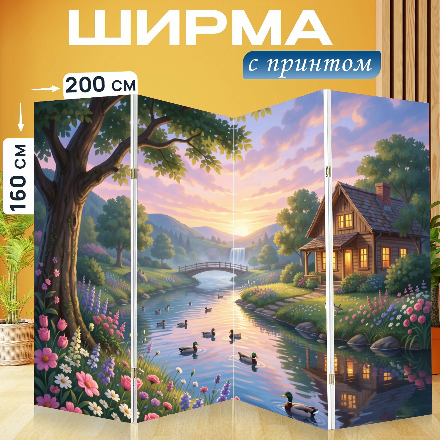 Ширма "Уютный дом у реки на закате. Живописная деревенская сцена с деревянным коттеджем, тихой водой, утками." перегородка для зонирования комнаты с принтом 200x160 см. на холсте