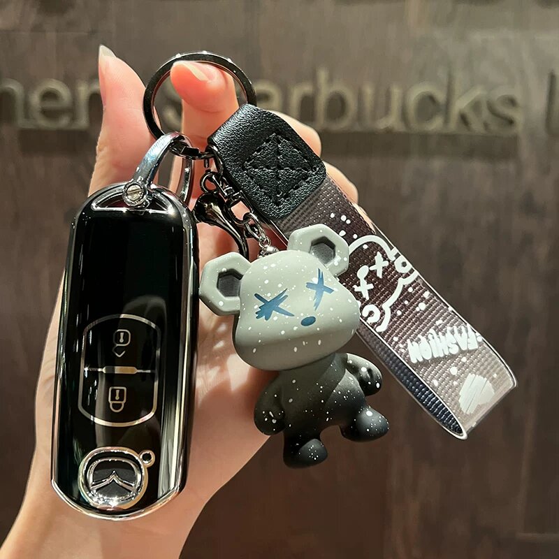 Кейс для ключа Mazda B Style 2-кнопочный черный с серым медвежьим брелоком для CX-4/CX-5