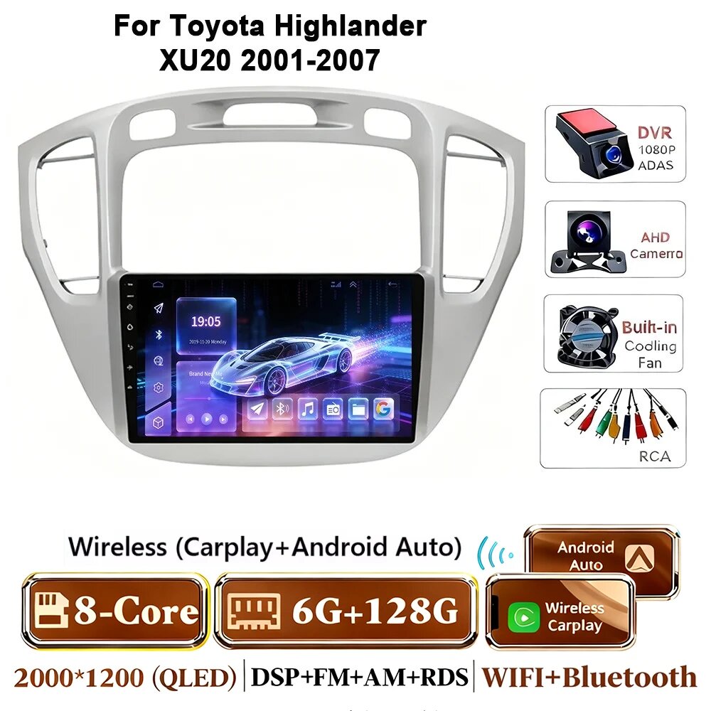 Автомагнитола Android для Toyota Highlander XU20 2001-2007, 6G-128G, AHD, DVR