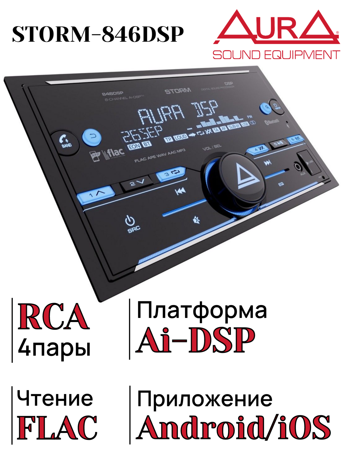 Автомагнитола AurA STORM-846DSP процессорный BT/USB/FM ресивер