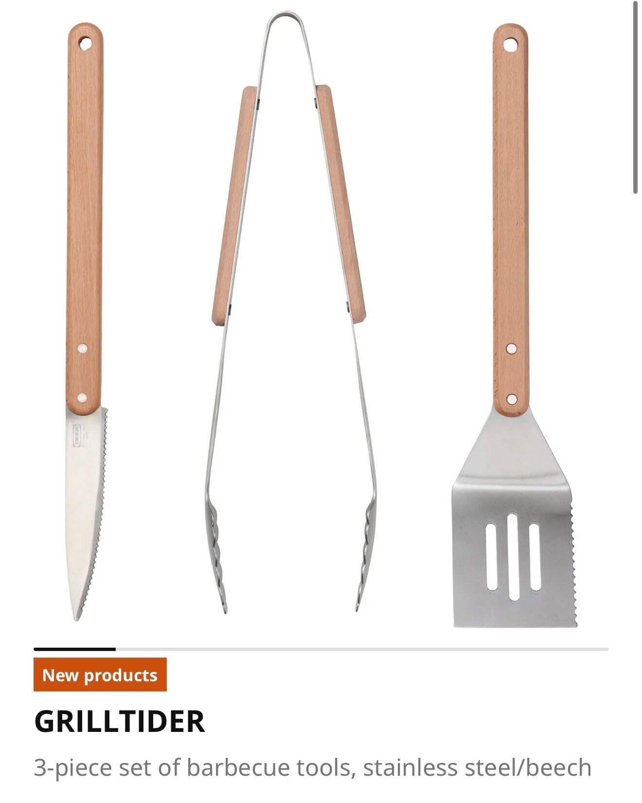 Набор для гриля IKEA GRILLTIDER, 3 предм, нержавеющ сталь/бук
