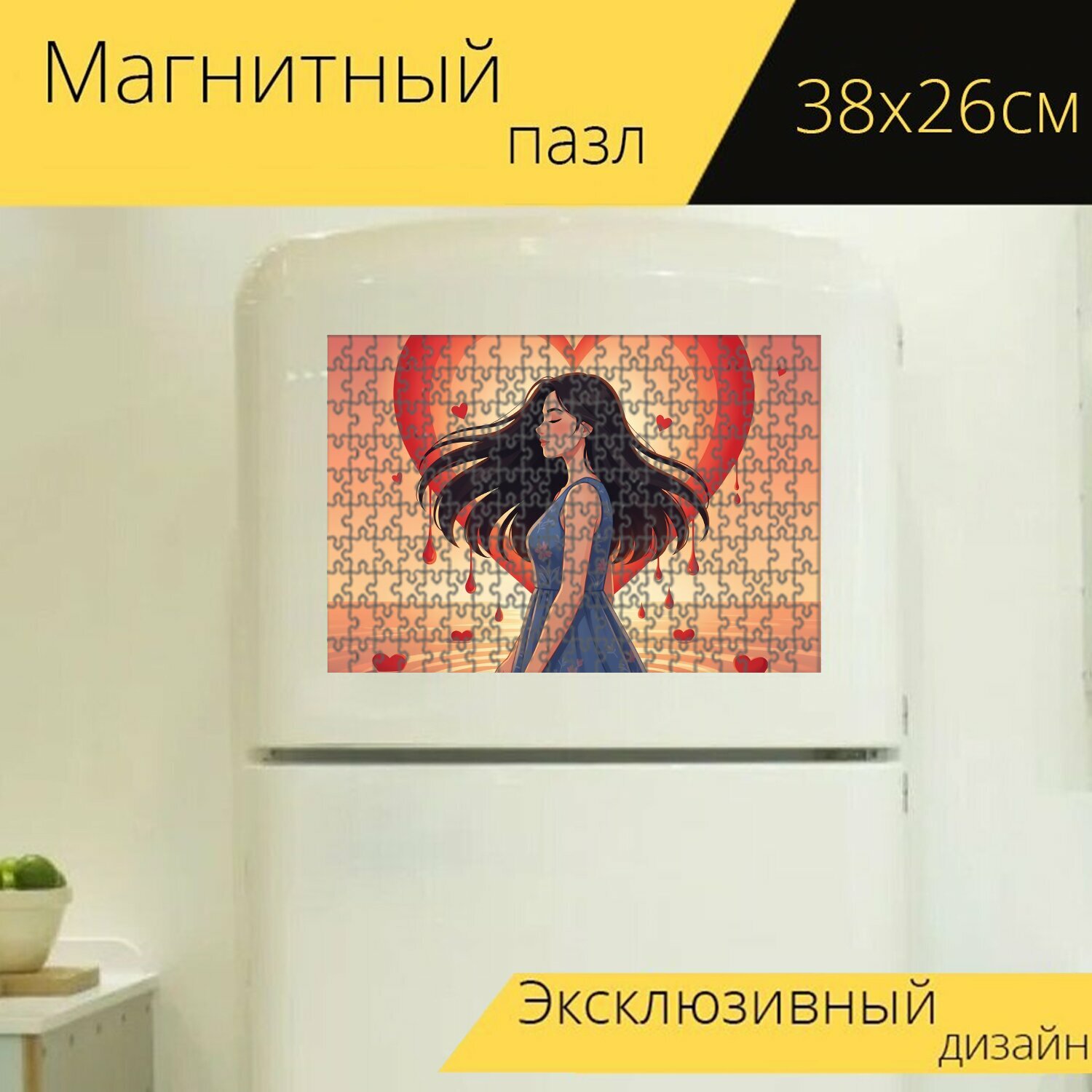 Магнитный пазл "Девушка в сердце на закате. Романтичная иллюстрация с нежной девушкой в воде, окружённой алыми сердечками и большим светящимся символом." для интерьера, 38х26 см.