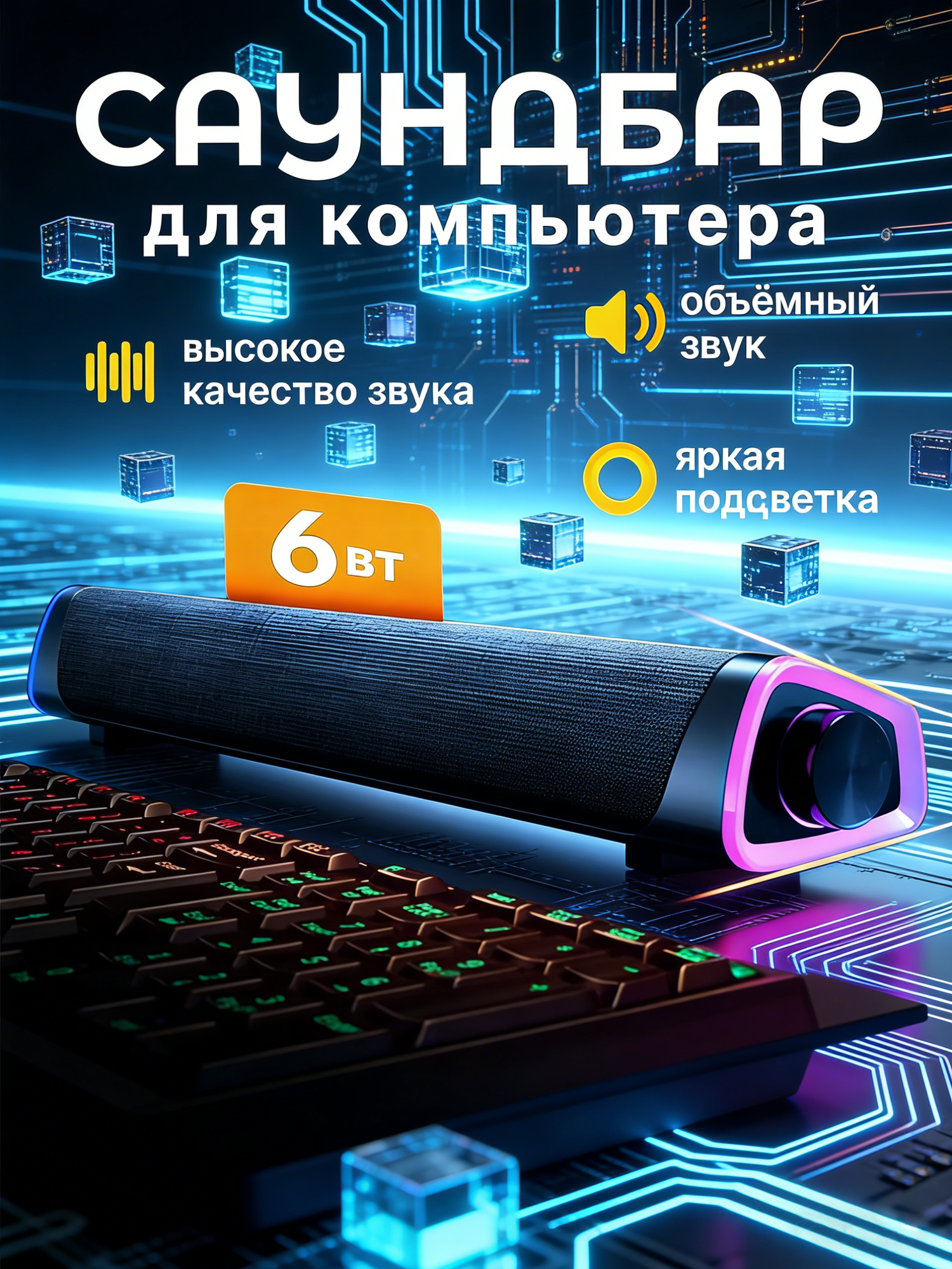 Саундбар для компьютера 6 Вт с RGB-подсветкой, стерео динамики, Bluetooth, подключение USB и 3.5mm