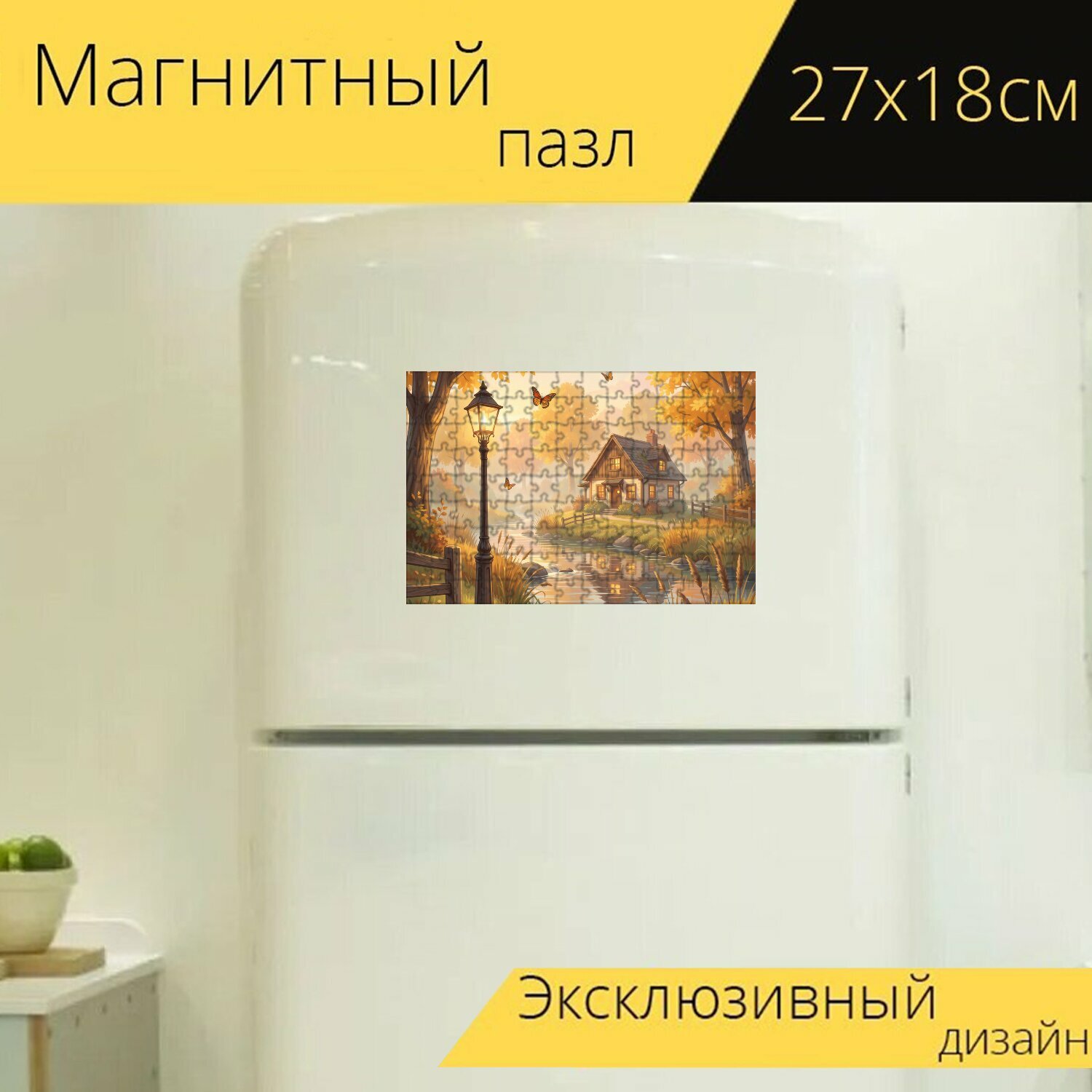 Магнитный пазл "Осенний домик у ручья. Уютный коттедж среди золотых деревьев у тихой речки, фонарь, бабочки, мягкий туман и отражения в воде. Сказочная." на холодильник 27 x 18 см.