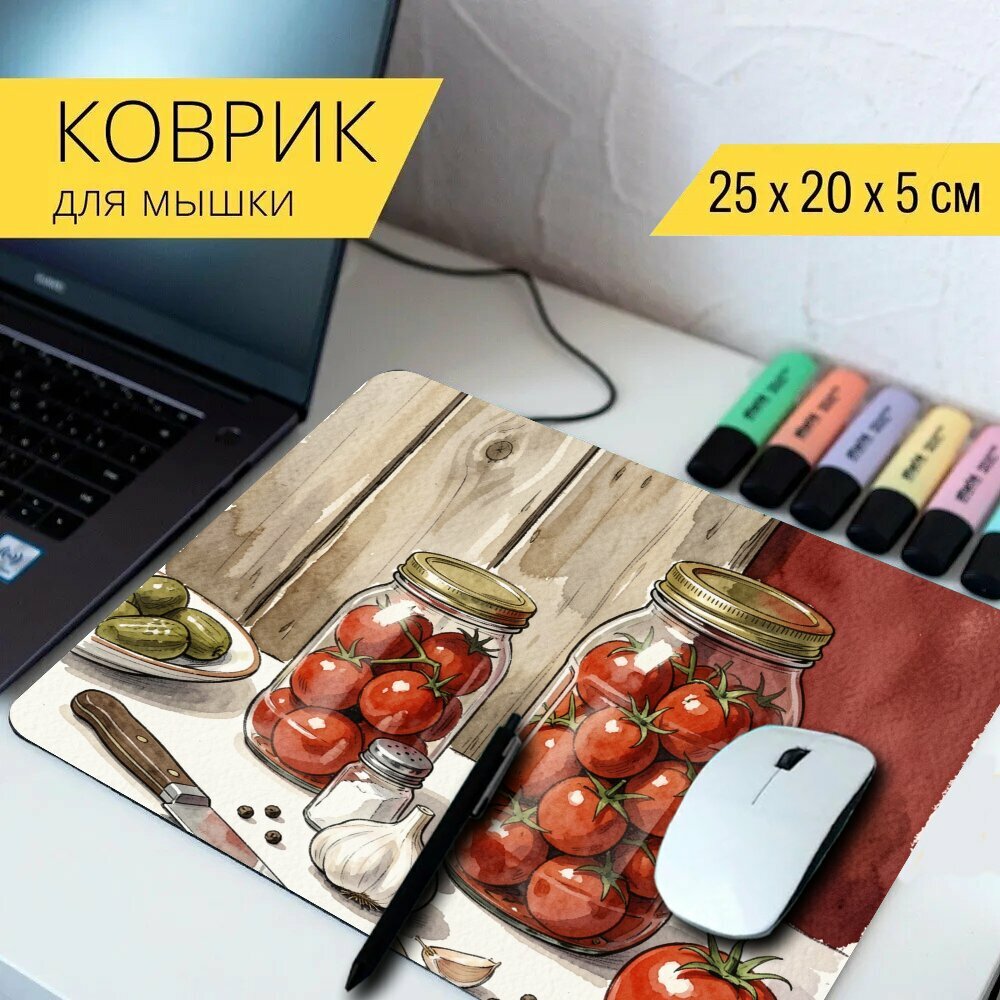 Коврик для мыши с принтом "Банки с помидорами и чесноком. Акварельная кухонная сцена с консервированными томатами, соленьями, ножом, солью и специями на столе. Деревенский." 25x20см.