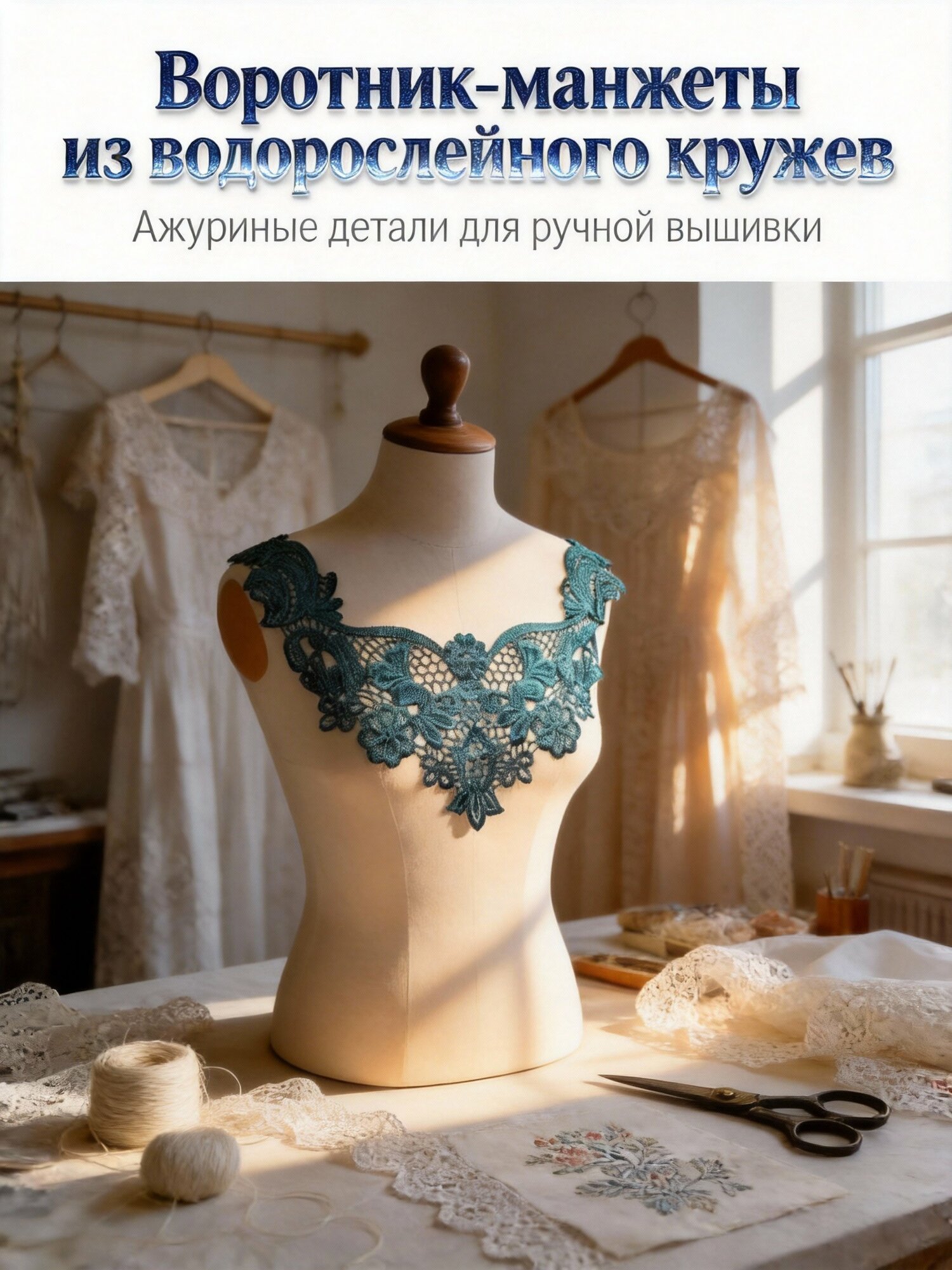 Воротник и манжеты из водорастворимого кружева, ажурные цветочные элементы для блузок, платьев и кардиганов — полиэстер, длина 36 ширина 29