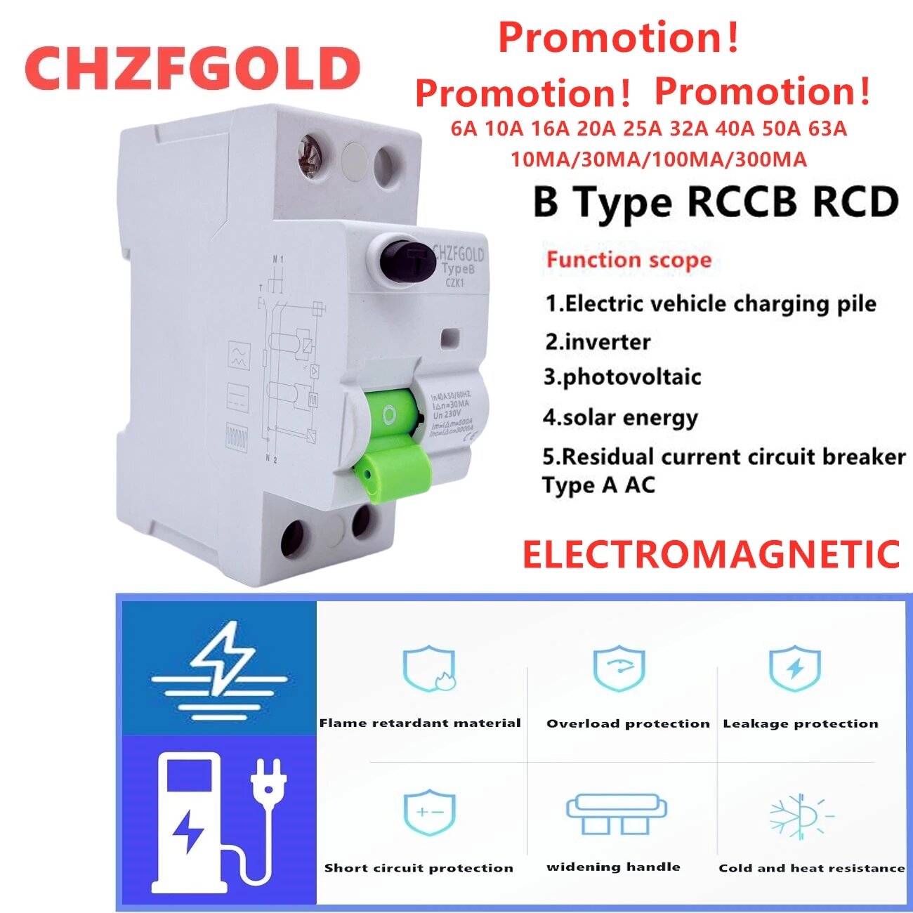 Автомат УЗО для электромобиля CHZFGOLD 2P 16A 30mA A Class EM Type S