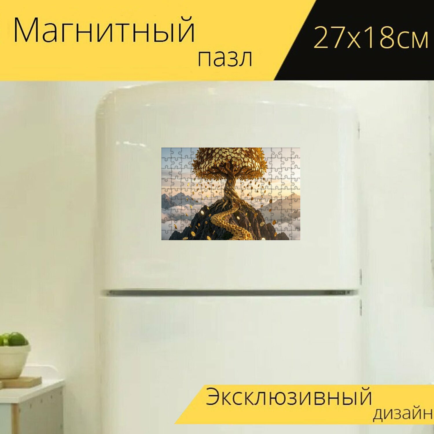 Магнитный пазл "Денежное дерево на вершине. Фантазийный пейзаж с золотыми монетами, парящими над скалой среди облаков и гор. Сияющий свет рассвета." на холодильник 27 x 18 см.