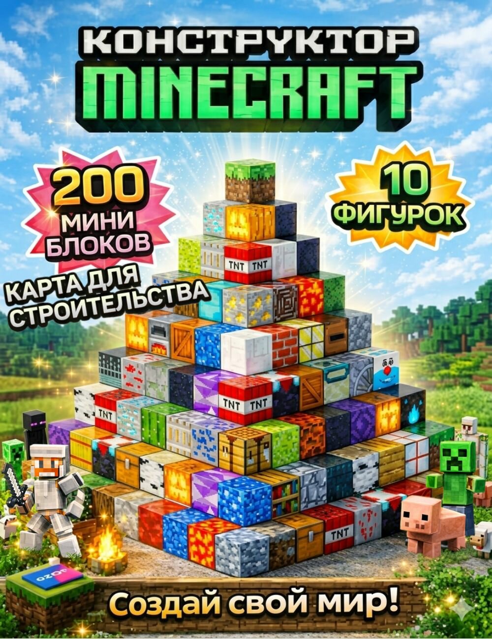 Магнитный конструктор Майнкрафт (Minecraft) 3D конструктор для мальчиков и девочек, развивающий игровой набор 200 мини блоков