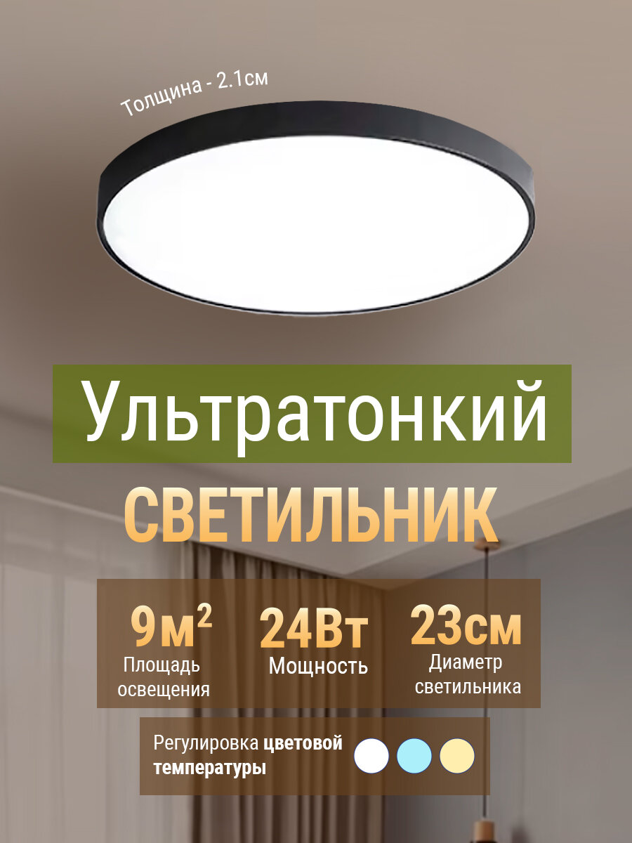 Светильник потолочный светодиодный/лампа потолочная в ванную/светильник на кухню черный 24вт 23см 4000К/5000К/6000К/люстра для кухни, гостиной комнаты, спальни, гаража, детской, прихожей, круглый
