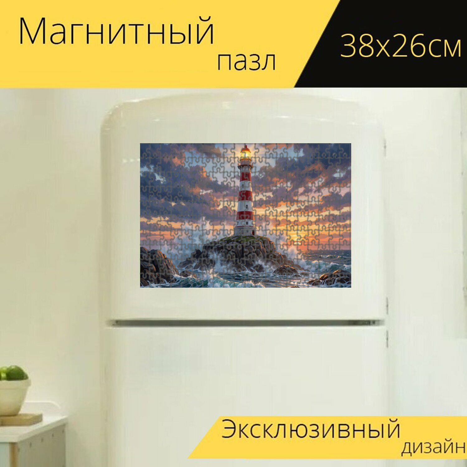 Магнитный пазл "Маяк на скалистом берегу. Красно-белая башня на каменном мысе среди бурных морских волн, закатное небо в оранжево-синих оттенках." для интерьера, 38х26 см.