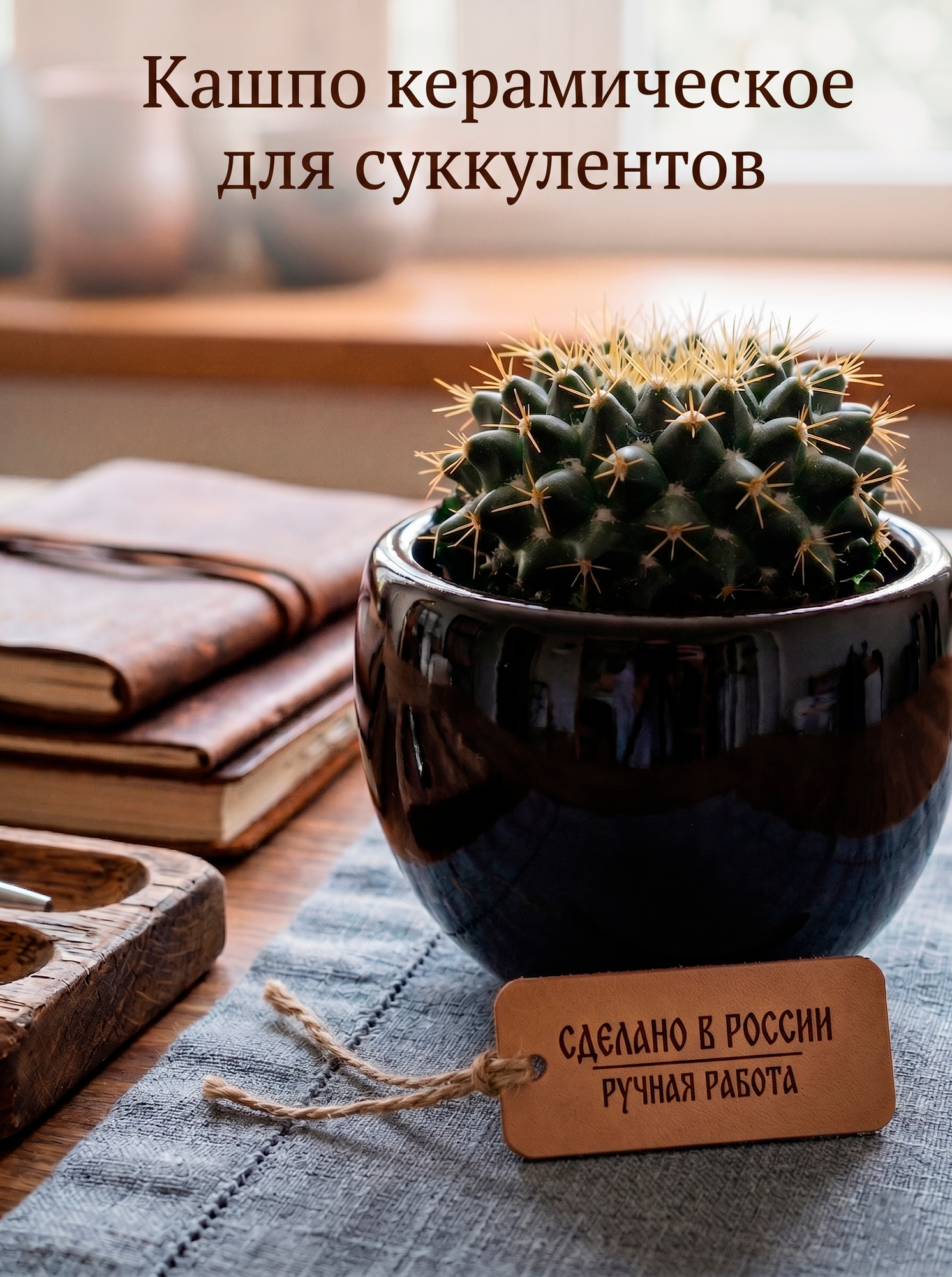 Кашпо керамическое Hill & Mill для суккулентов (чёрный), высота 6 см