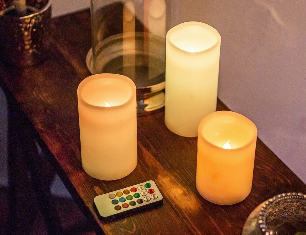 Набор светодиодных свечей радуга (3 шт.), многоцветный (RGB) LED-огни, ПДУ, контроллер, батарейки, 15/12.5/10х7,5.