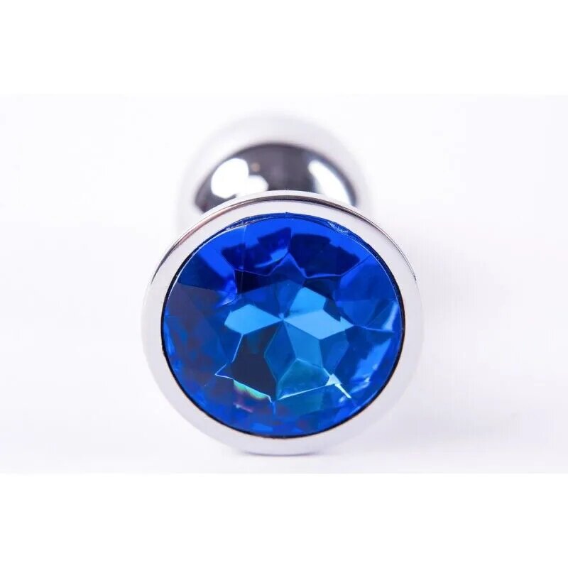 Анальная пробка металлическая серебристая с синим кристаллом Onjoy Metal Plug Silver Medium длина рабочая 7 см, диаметр 3.3 см.