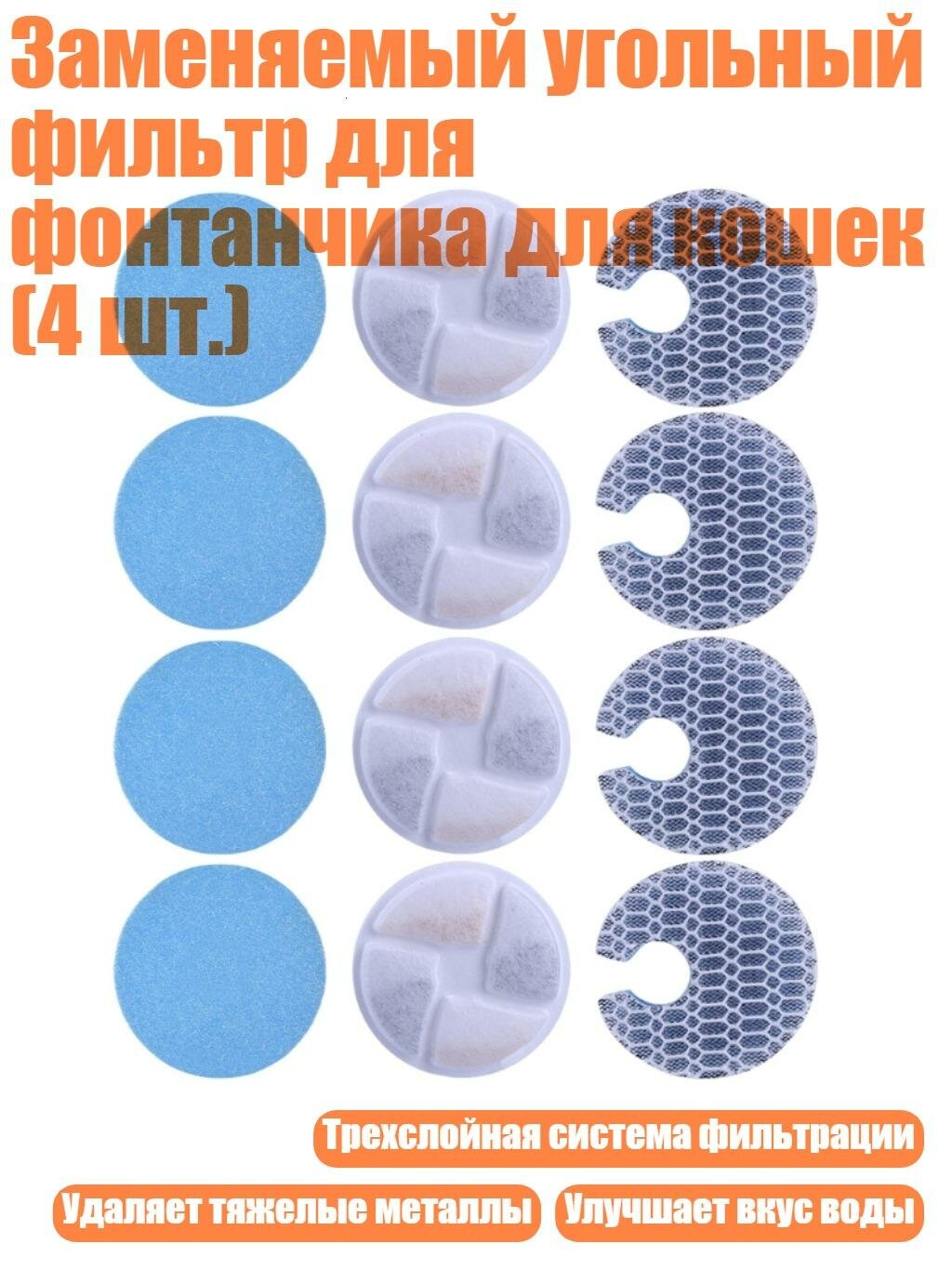 Заменяемый угольный фильтр для фонтанчика для кошек (4 шт.)
