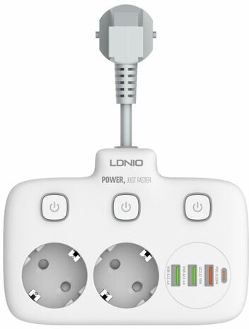 Сетевой фильтр LDNIO SE2435 2 розетки + 3 USB +1PD, QC3.0, Белый