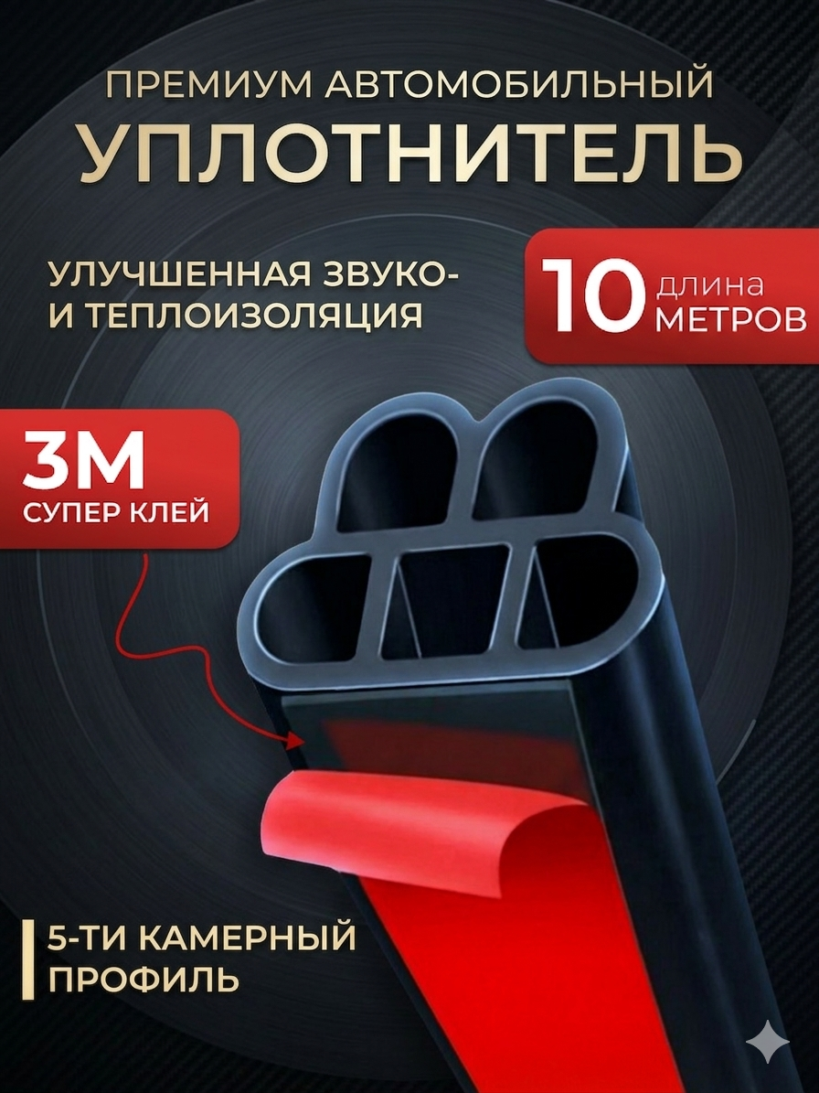 Уплотнитель для дверей авто универсальный самоклеящийся 5 камерный 10 метров BigUto