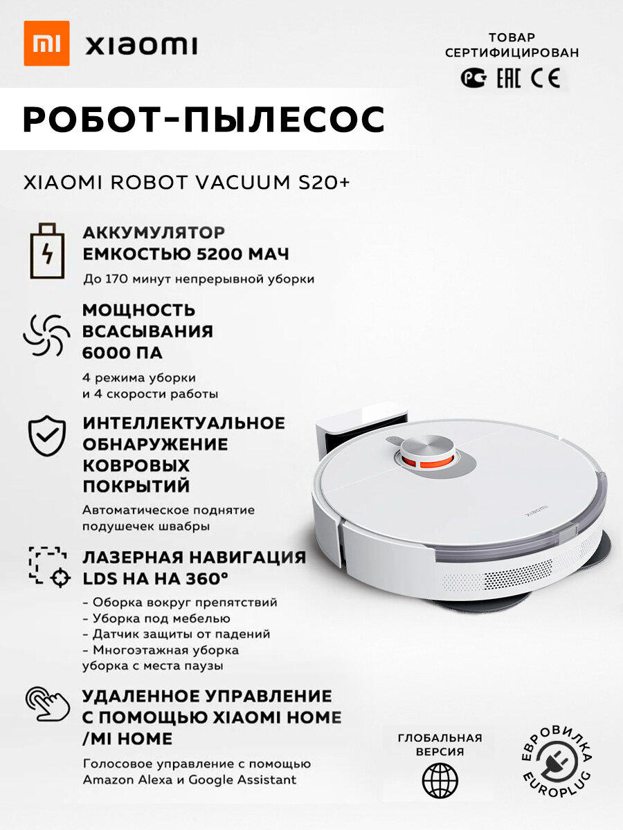 Робот пылесос Xiaomi Robot Vacuum S20+ моющий, белый (работает с Алисой, Марусей) / EU модель: B108GL / BHR8159EU