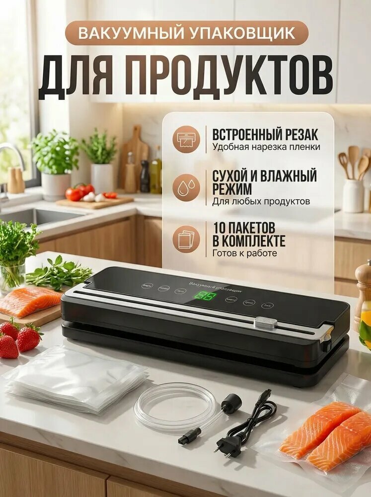 Вакууматор для продуктов с резаком и пакетами, вакуумный упаковщик