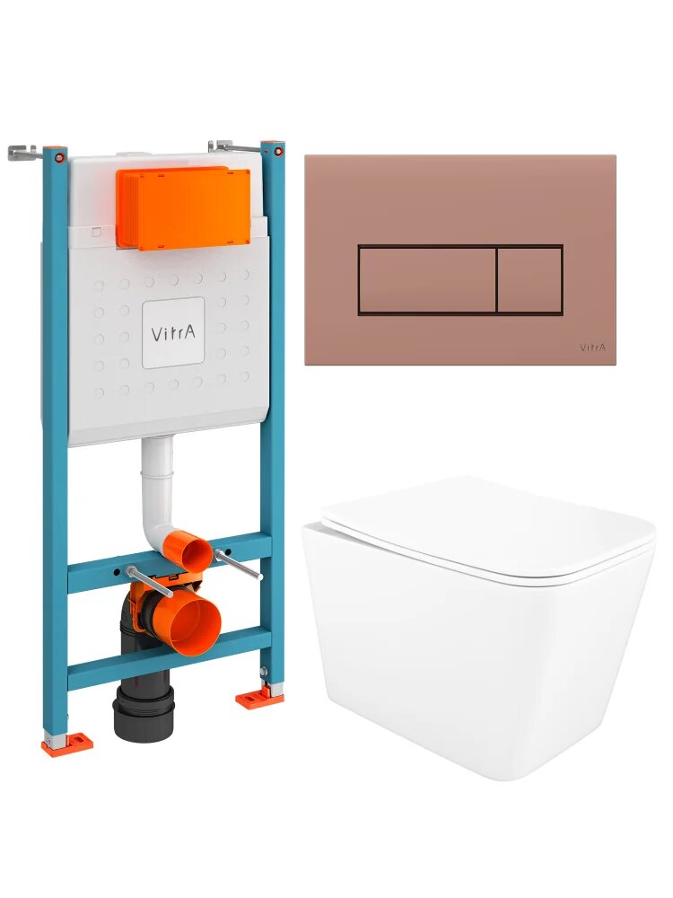 Комплект 5 в 1: Инсталляция VitrA Ви-Фикс Кор (V-Fix Core) 732-5800-01 / Унитаз подвесной STWORKI Молде S23401WH / Сиденье с микролифтом, Кнопка Рут Скуэр (Root Square) 740-2340, глянцевая медь, Комплект креплений