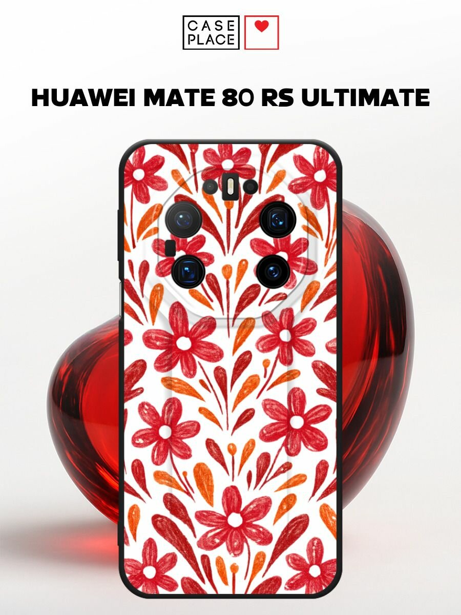 Черный матовый чехол на Huawei Mate 80 RS Ultimate / Хуавей Мейт 80 РС Ультимейт с принтом Красные акварельные цветы