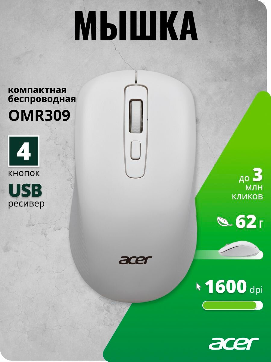 Мышь беспроводная Acer OMR309, 1600 dpi, белый, USB