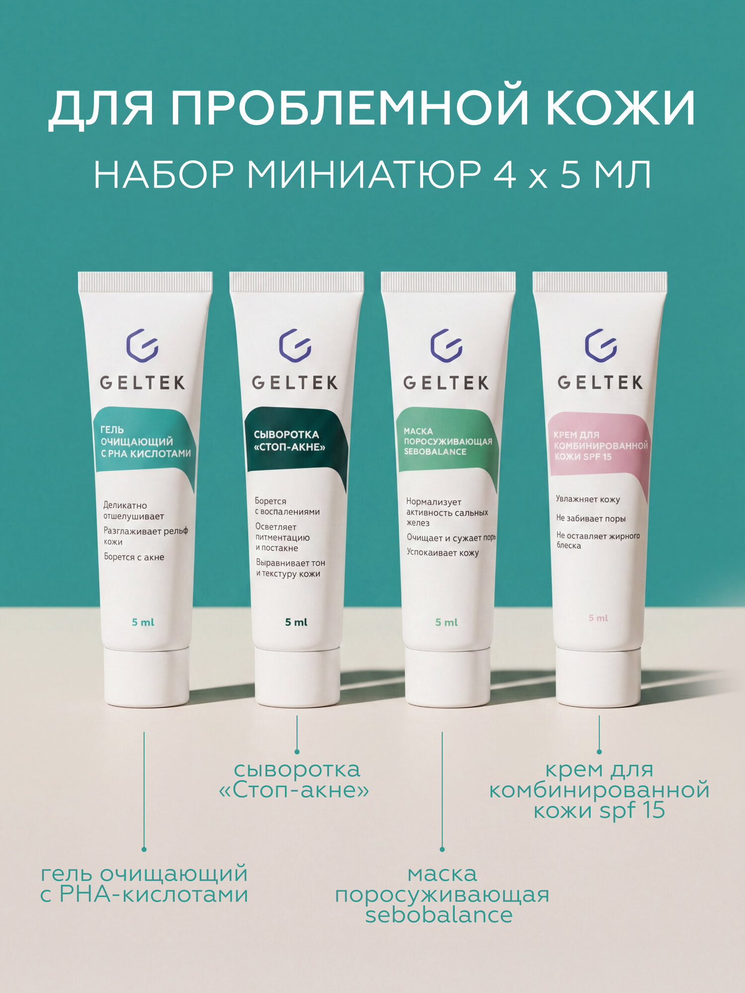 Гельтек Набор миниатюр для проблемной кожи с PHA кислотами, азелаиновой кислотой и глиной очищающий поросуживающий 4х5 мл