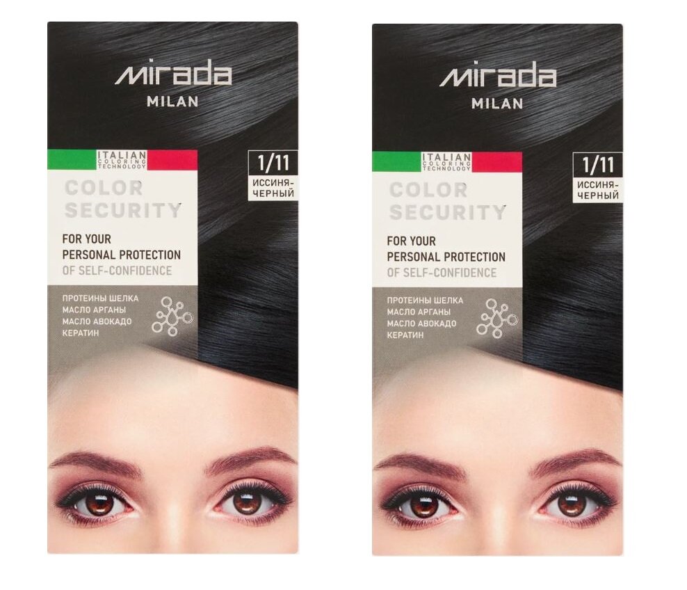 Краска для волос MIRADA Color Security с протеинами шелка, кератином, арганой, авокадо, иссине-черный 1.11, 2 шт