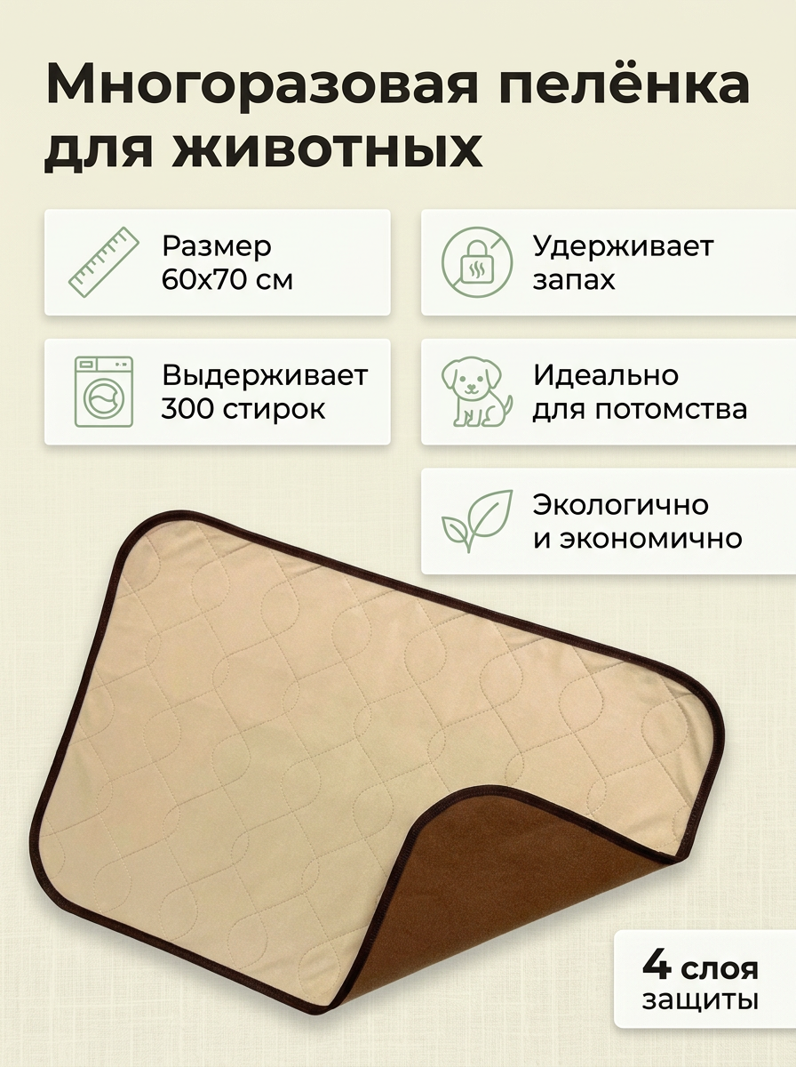 Пелёнка многоразовая для животных Osso (коричневая ) размер 60 х 70 см