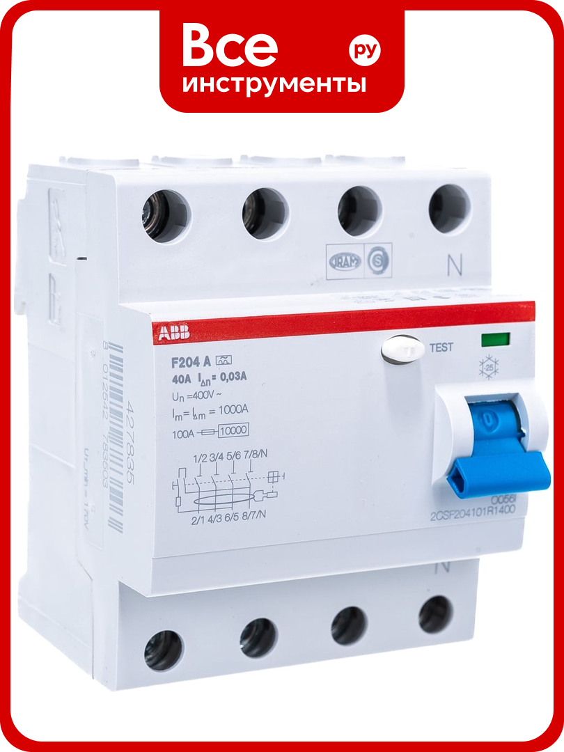 Выключатель дифференциального тока ABB 4 модуля F204 A-40/0.03 2CSF204101R1400 модульный электромеханический