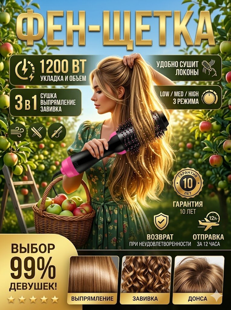 Фен-щетка для волос / Расческа с ионизацией One Step Фен-щётка (расчёска-фен) для волос Hair Dryer 3 в 1