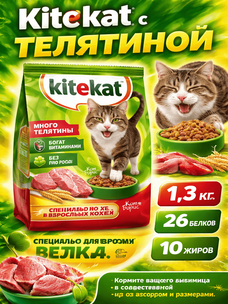 Корм сухой Kitekat для кошек телятинка аппетитная, 1.3кг