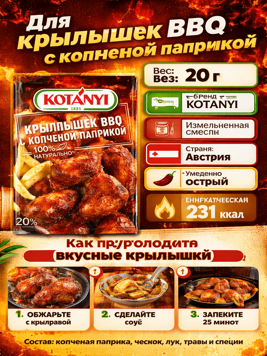 Приправа Kotanyi Для крылышек BBQ с копченой паприкой, 20г