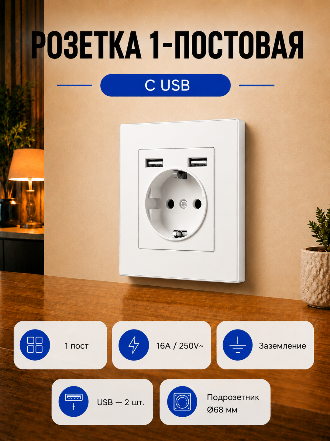 Розетка одинарная стеклянная с USB, белая, с заземлением, скрытый монтаж, 16А