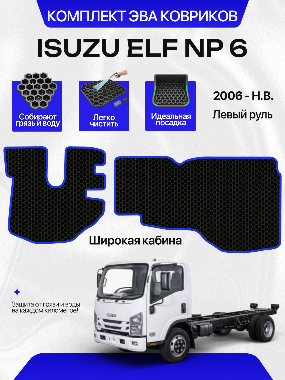 Передние коврики для ISUZU ELF NP 6 2006-н. в. Широкая кабина, Левый руль, черный с синим кантом(Исузу Эльф(Элф) кузов NP, NQ 6 и Рестайлинг, Широкая кабина) Ева, Eva
