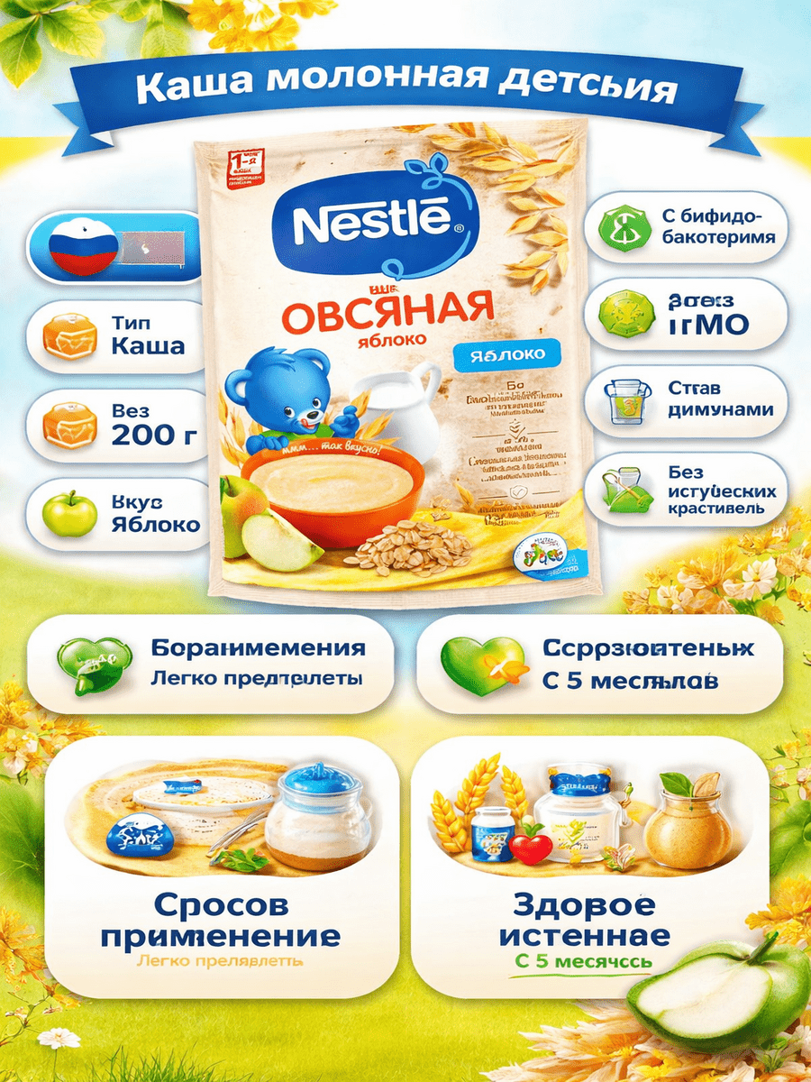Каша молочная детская Nestle Овсяная Яблоко с 5 месяцев, 200г