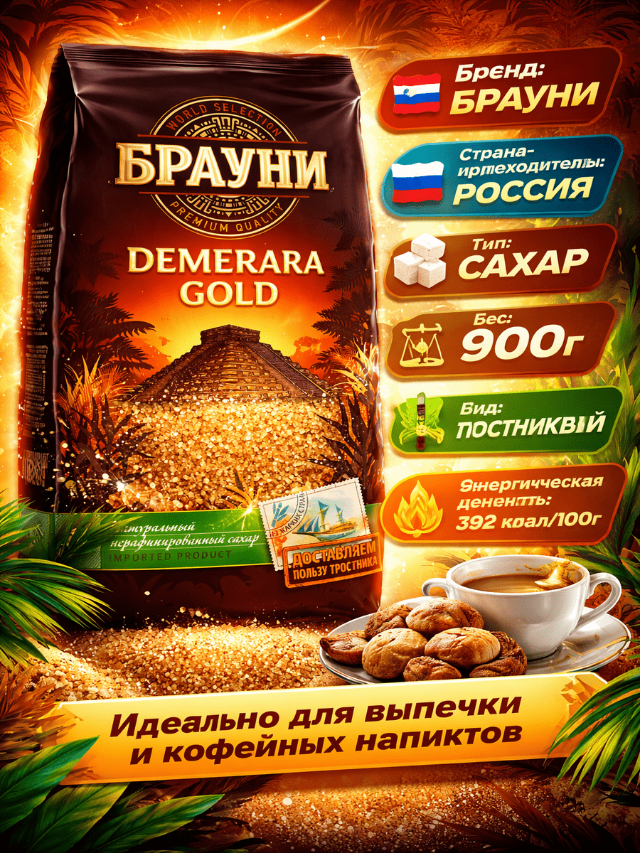 Сахар тростниковый Брауни Demerara Gold кристаллический, 900г