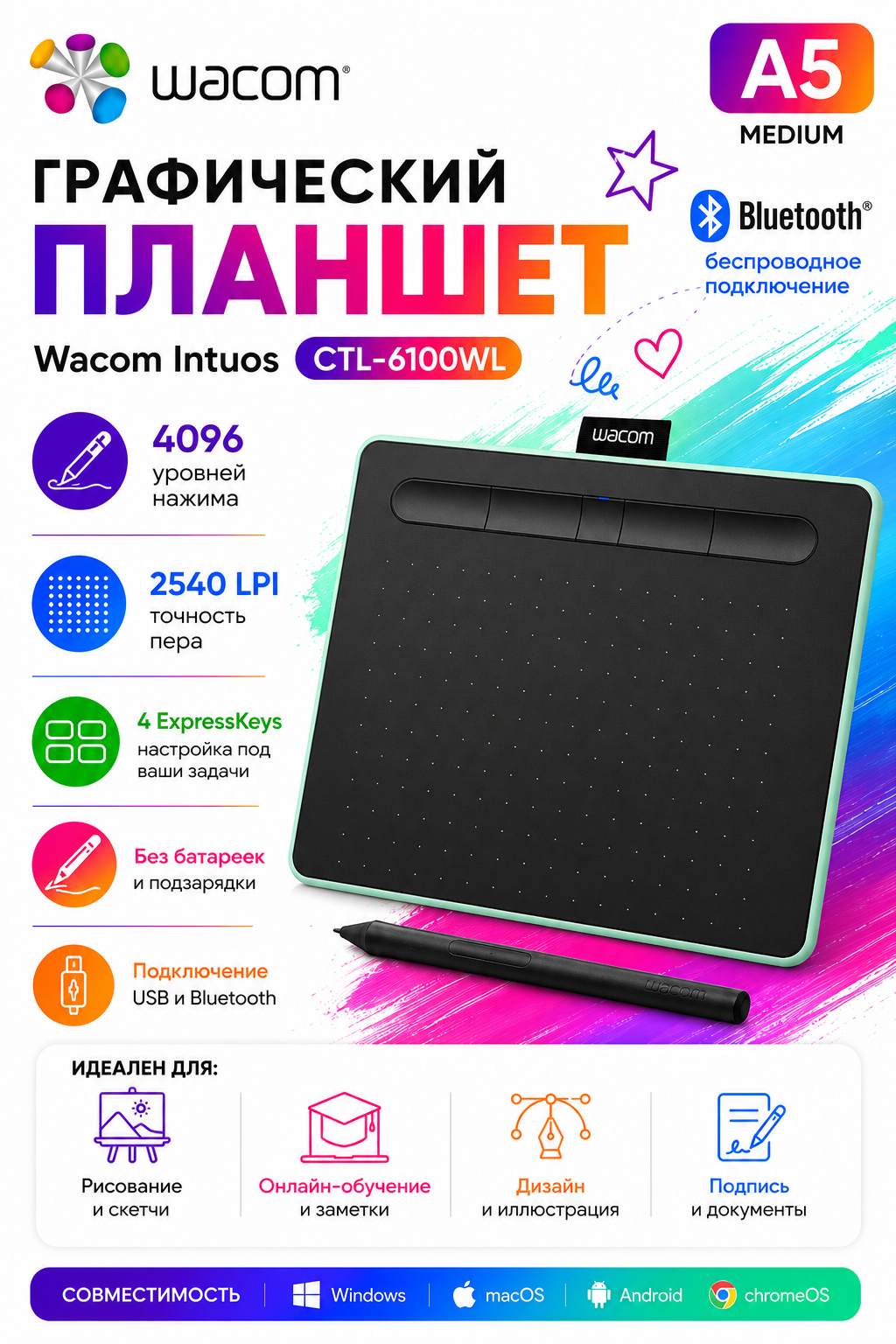Графический планшет Wacom для рисования Intuos CTL-6100, Bluetooth, 4 сочетания клавиш. 4096 уровней, с пером, зеленый