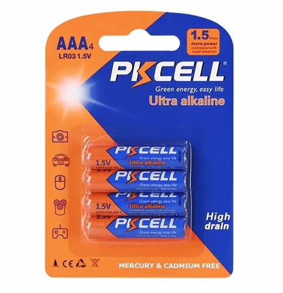 Pkcell LR03 AAA (мизинчиковые) щелочные алкалиновые батарейки, 4 шт. в блистере