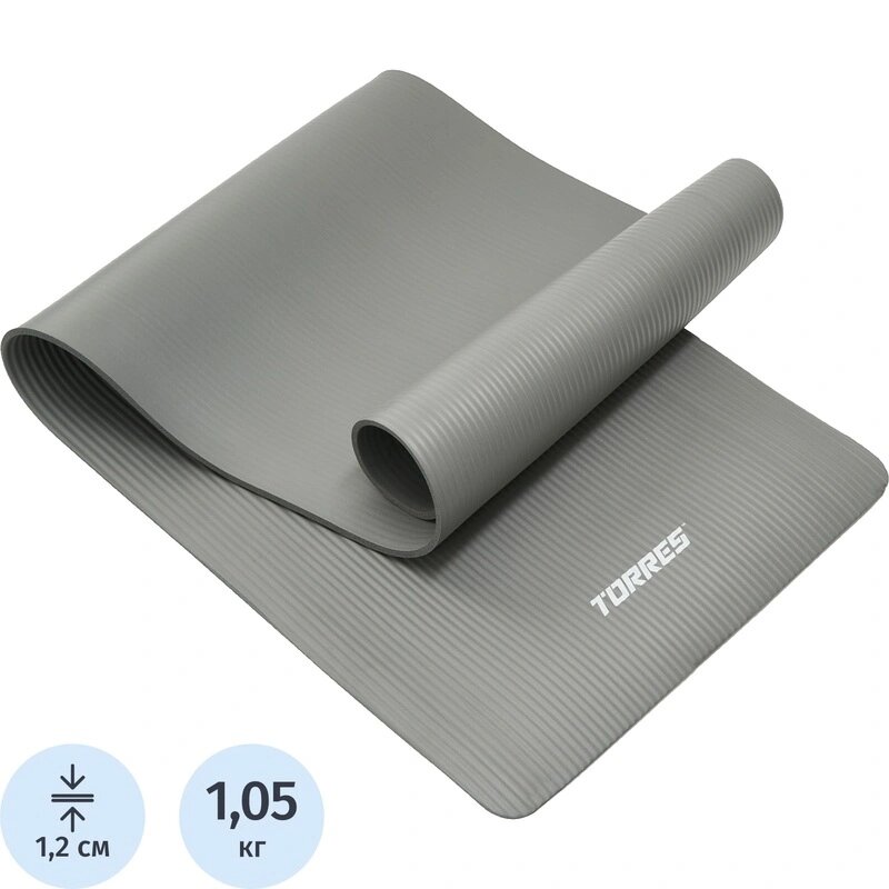 Коврик для йоги TORRES SOFT, YL10112, NBR(синт. каучук), толщина 1,2см/серый