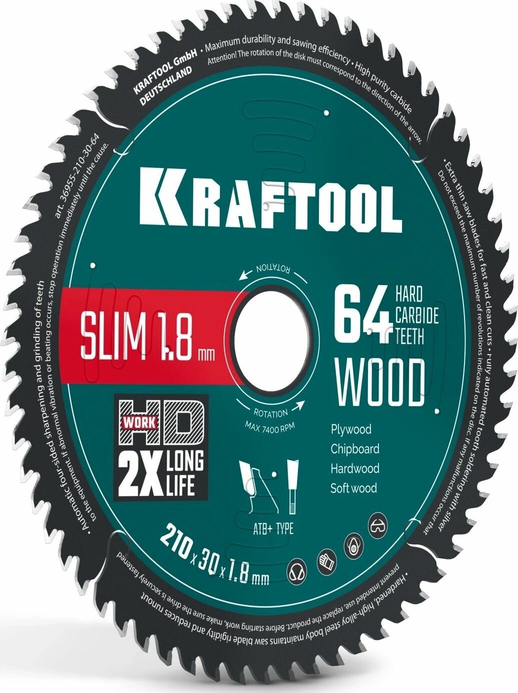 Диск пильный по дереву KRAFTOOL Slim wood cut 210 х 30 x 1.8 мм, 64Т