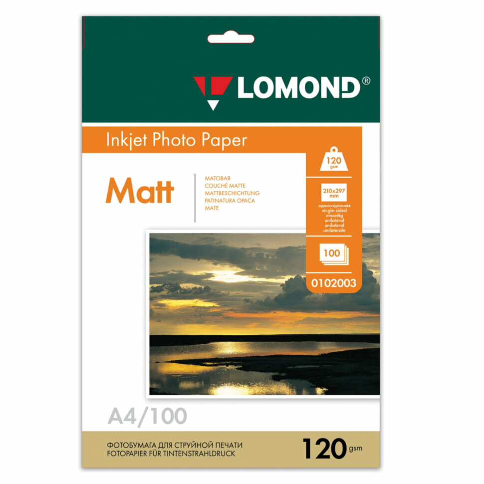 Фотобумага матовая, А4, 120 г/м2, односторонняя, 100 листов, LOMOND, 0102003, 360333