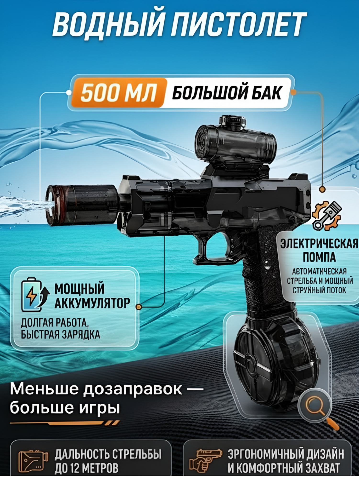 Водяной пистолет, водный бластер аккумуляторный, электрический, черный