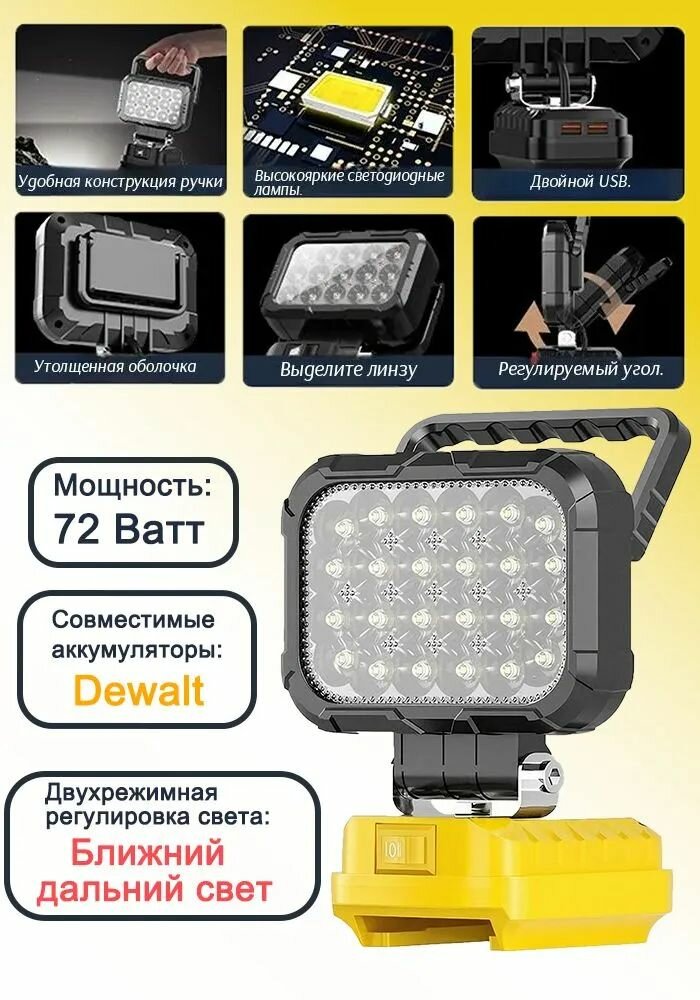 Складной фонарь на аккумуляторе DeWalt 2 USB разъема, регулируемый угол, для работы и отдыха на природе