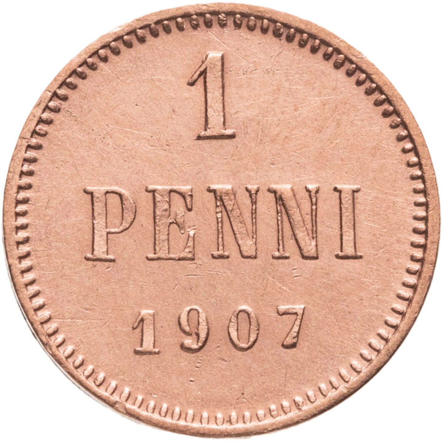 1 пенни penni 1907 Российская Финляндия, Медь, в сохранности XF