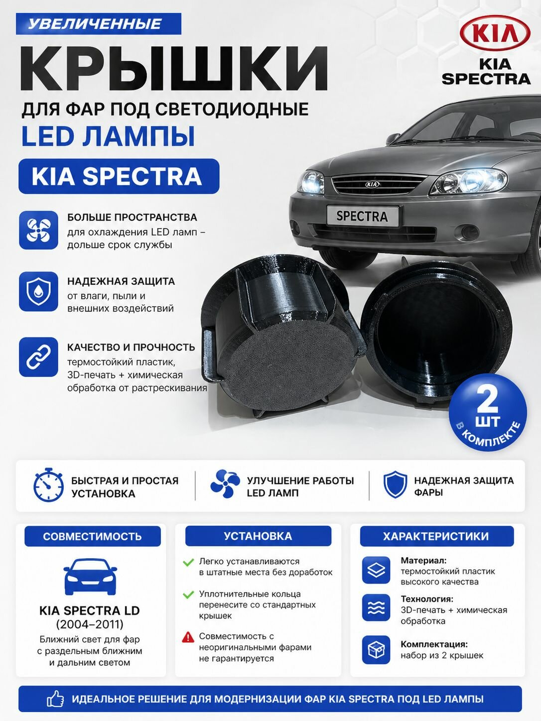 Крышки увеличенные для фар под светодиодные Led лампы KIA SPECTRA , 2шт.