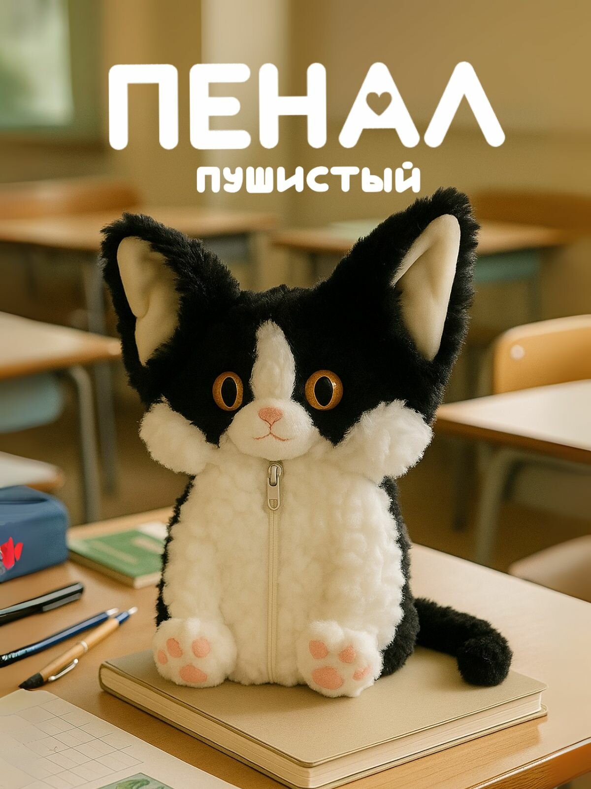 Пенал школьный котик /кот y2k эстетичный пушистый плюшевый