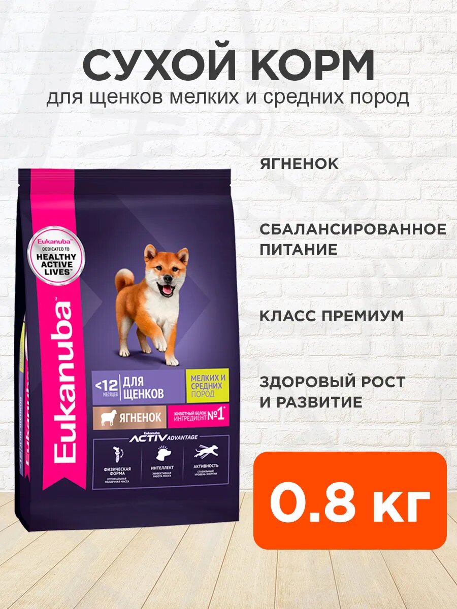 Корм сухой Eukanuba для щенков маленьких и средних пород, ягненок, 800 г